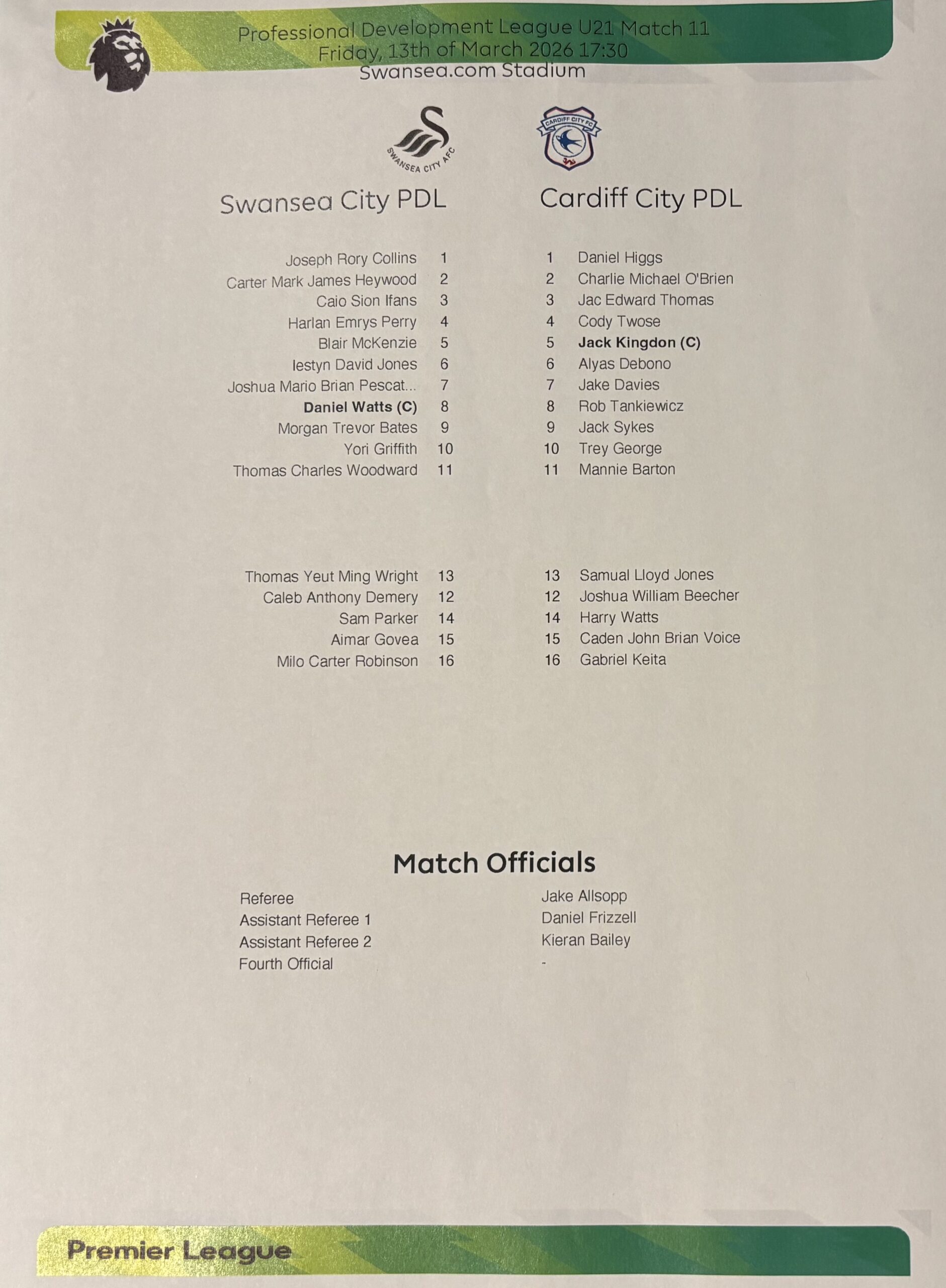 Swansea City 1 Cardiff City 1 - Under 21 Professional Development ...